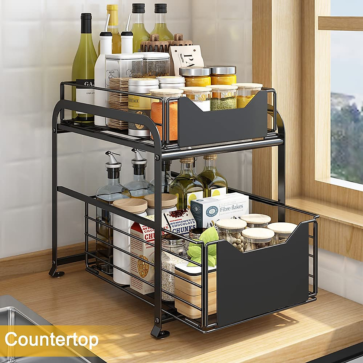 Under Sink Organizer, 2 Tier Pull Out Cabinet Organizer with Storage Basket Drawers, Countertop Storage Shelf Under Sink Storage Rack for Bathroom Kitchen (Large, Black)