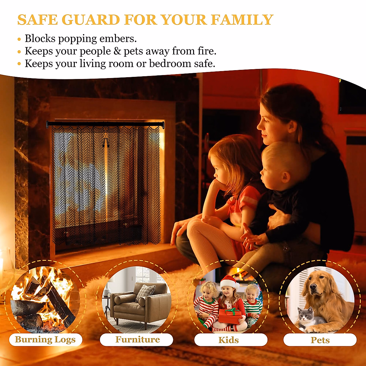 Fireplace Mesh Screen Curtain with Adjustable Rods, 2 Pack Decorative Spark Guard Chain, Easy-to-Install Hanging Replacement Screens for Wood Burning Fireplaces (22" H x 27.5" W)