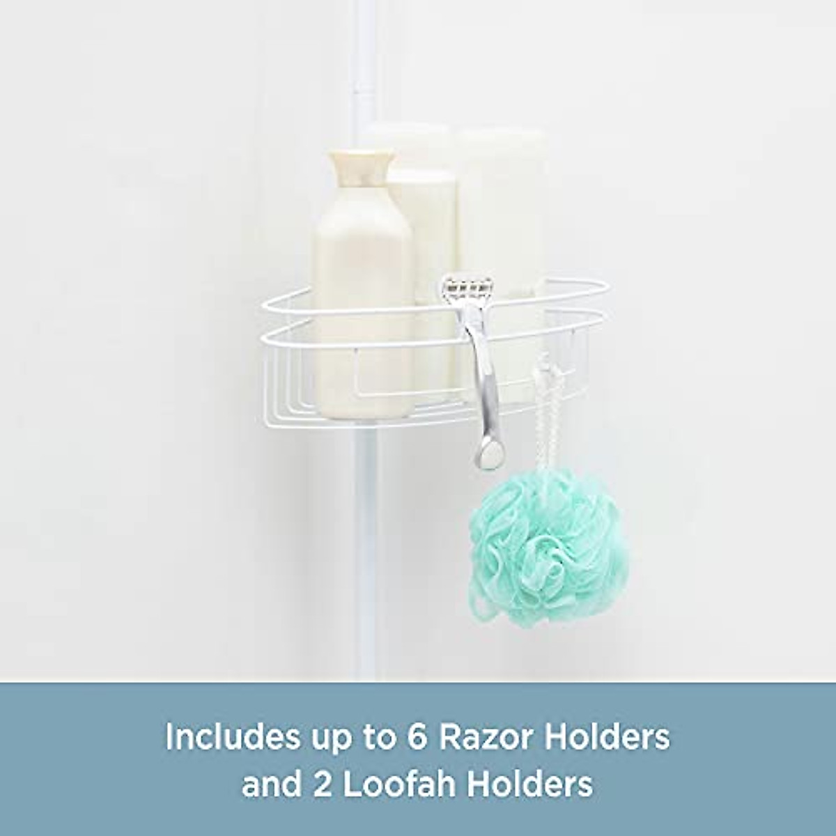 Kenney 4-Tier Spring Tension Shower Corner Pole Caddy with Razor Holder, 5-9', White
