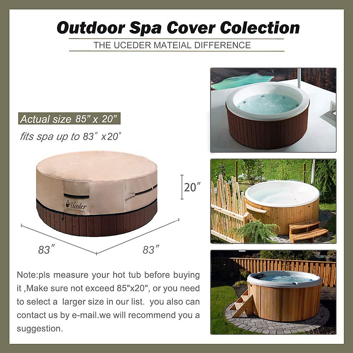 UCEDER Round Waterproof Hot Tub Cover -Outdoor Spa Cover Cap(Actual Size 85''x20'' Fit 83''x 20'') 600D Heavy Duty Polyester Hot Tub Cover Protector(Brown)