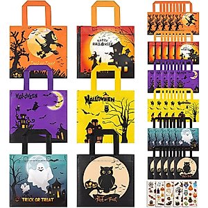 Halloween Treats Bags Party Favors - 30 pack Non-Woven Halloween Tote Gift Bags for Kids Trick or Treat Bags with 54 pcs Tattoos, Reusable Candy Bags Goodie Bag for Halloween Party Supplies(6 Pattern)