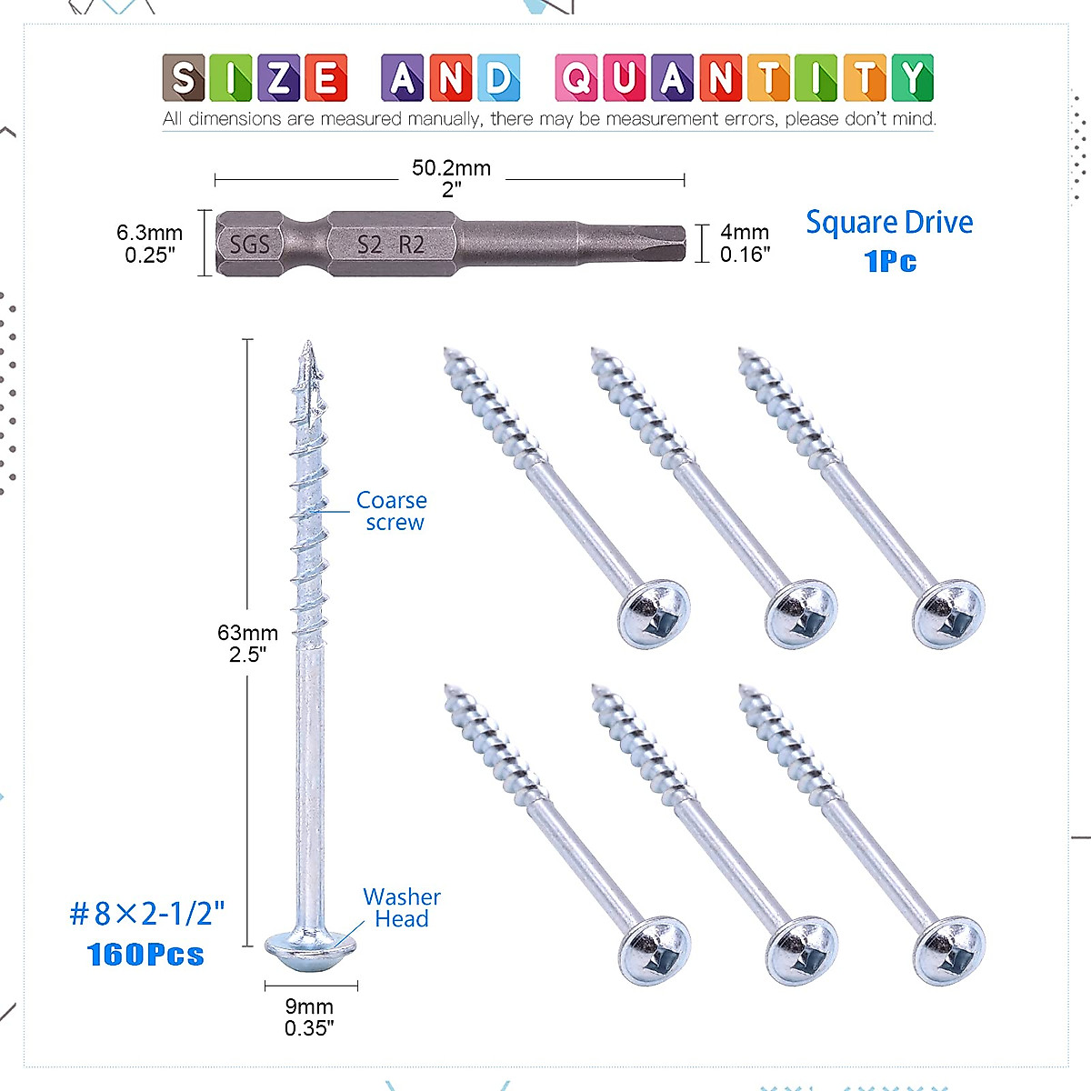 Glarks 160Pcs #8x2-1/2'' Pocket Hole Screws Zinc Coated Square Drive Self Tapping Coarse Thread Wood Screws for Wood and Sheet Metal (#8x2-1/2'' Coarse Thread)