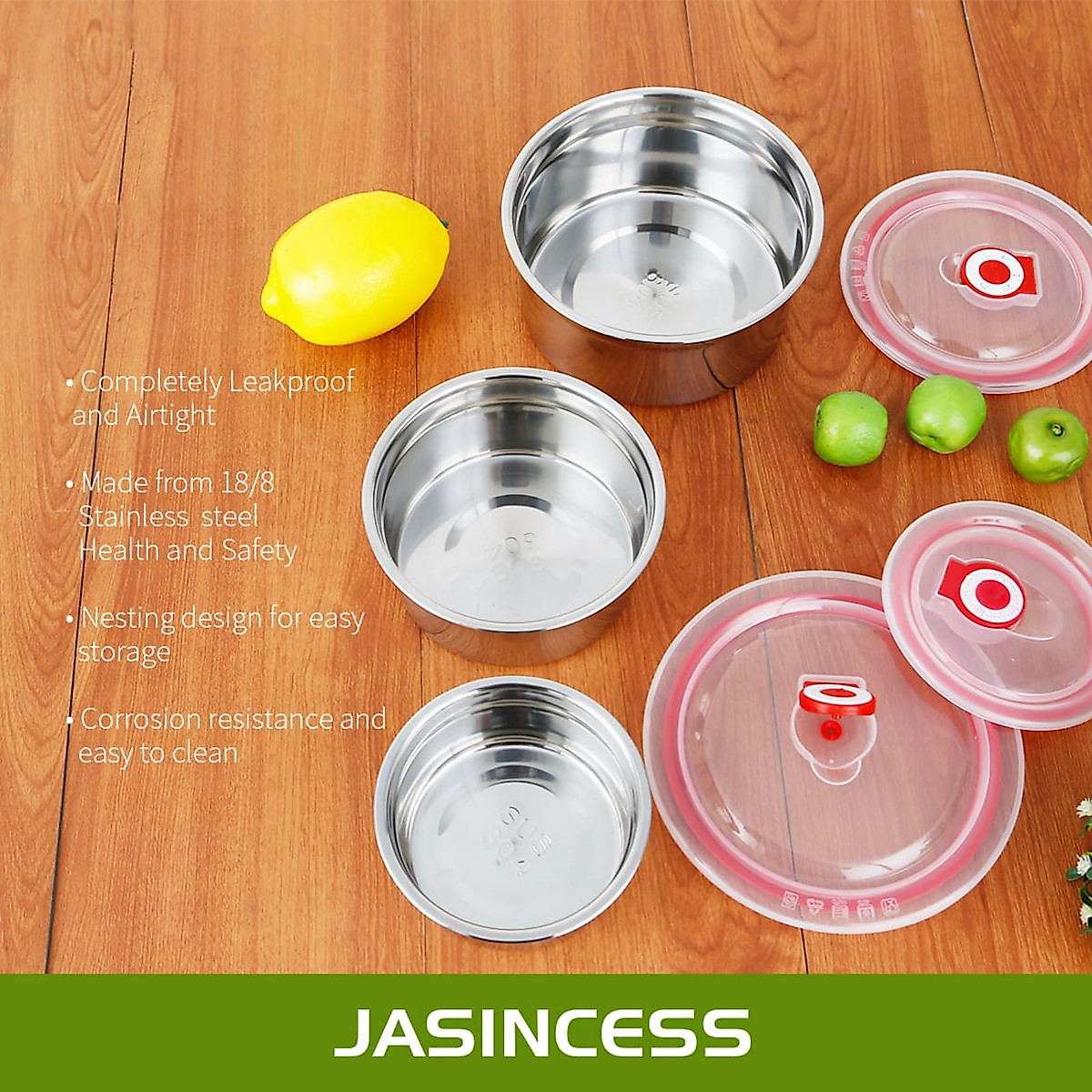 JASINCESS Stainless Steel Food Storage Containers - Set of 3 Reusable Silicone Lids and Storage Containers Suitable for lunch boxes pre-meal preparations snacks at home (Red)