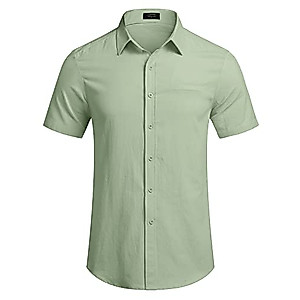 COOFANDY Mens Casual Short Sleeve Button Shirts Regular Fit Linen Shirt Lightweight Summer Tropical Shirts for Men Green