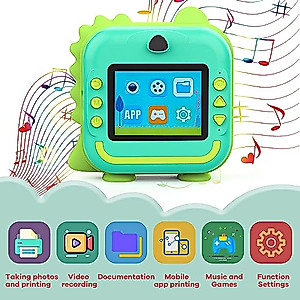 Instant Print Camera for Kids,Inkless Sticker Printer for Girls Boys Age 3-12, HD Digital Video Cameras, Mini Thermal Printer Kid Toy Gifts with 3 Rolls Photo Paper, 5 Color Pens, 32GB Card-Green