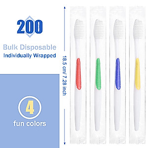 Honeydak 200 Pieces Disposable Toothbrushes Individually Wrapped Toothbrushes Multicolor Soft Bristle Medium Manual Travel Toothbrushes for Hotel Toiletries