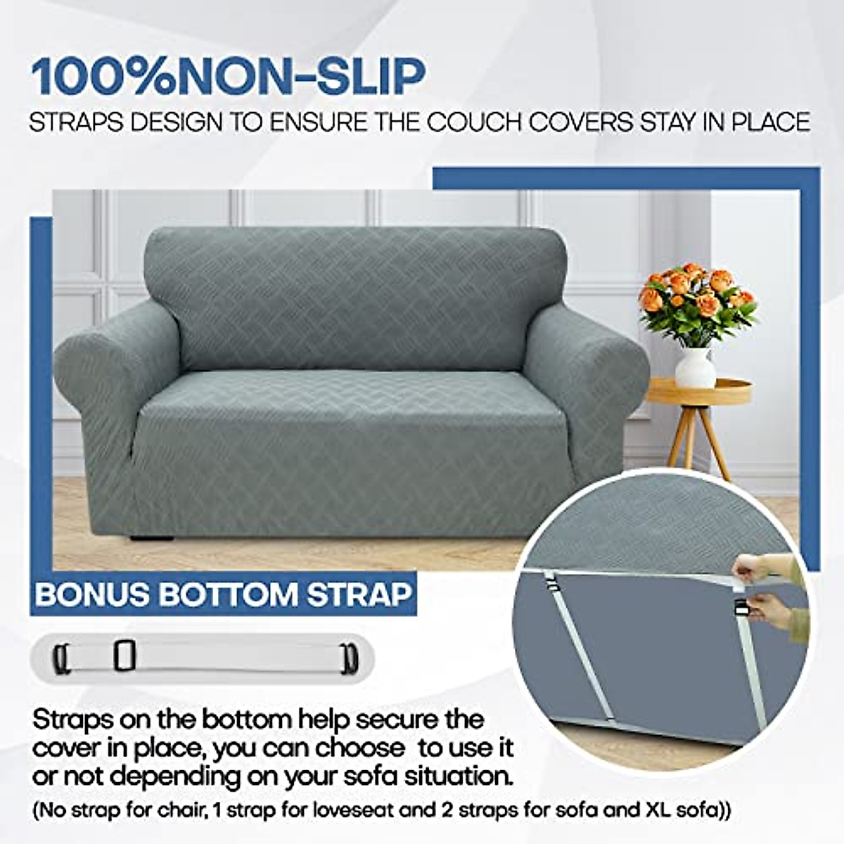 JIVINER Stretch Loveseat Sofa Cover, 1 Piece Jacquard Couch Covers for 2 Cushion Couch with Elastic Bottom, Non Slip Soft Love seat Furniture Protector for Kids, Pets (Medium, Leaf Patten Light Gray)
