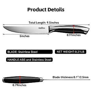 AmHoo Steak Knives Set of 6 Non Serrated 5-inch High Carbon Stainless Steel Ultra Sharp ABS Handle