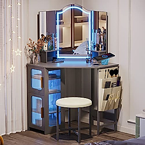 LVSOMT Vanity Desk with Mirror and Lights, Makeup Vanity with Charging Station, Dressing Table with 3 Lighting Options, Vanity Set with Drawers, Women’s Corner Vanity table, Grey