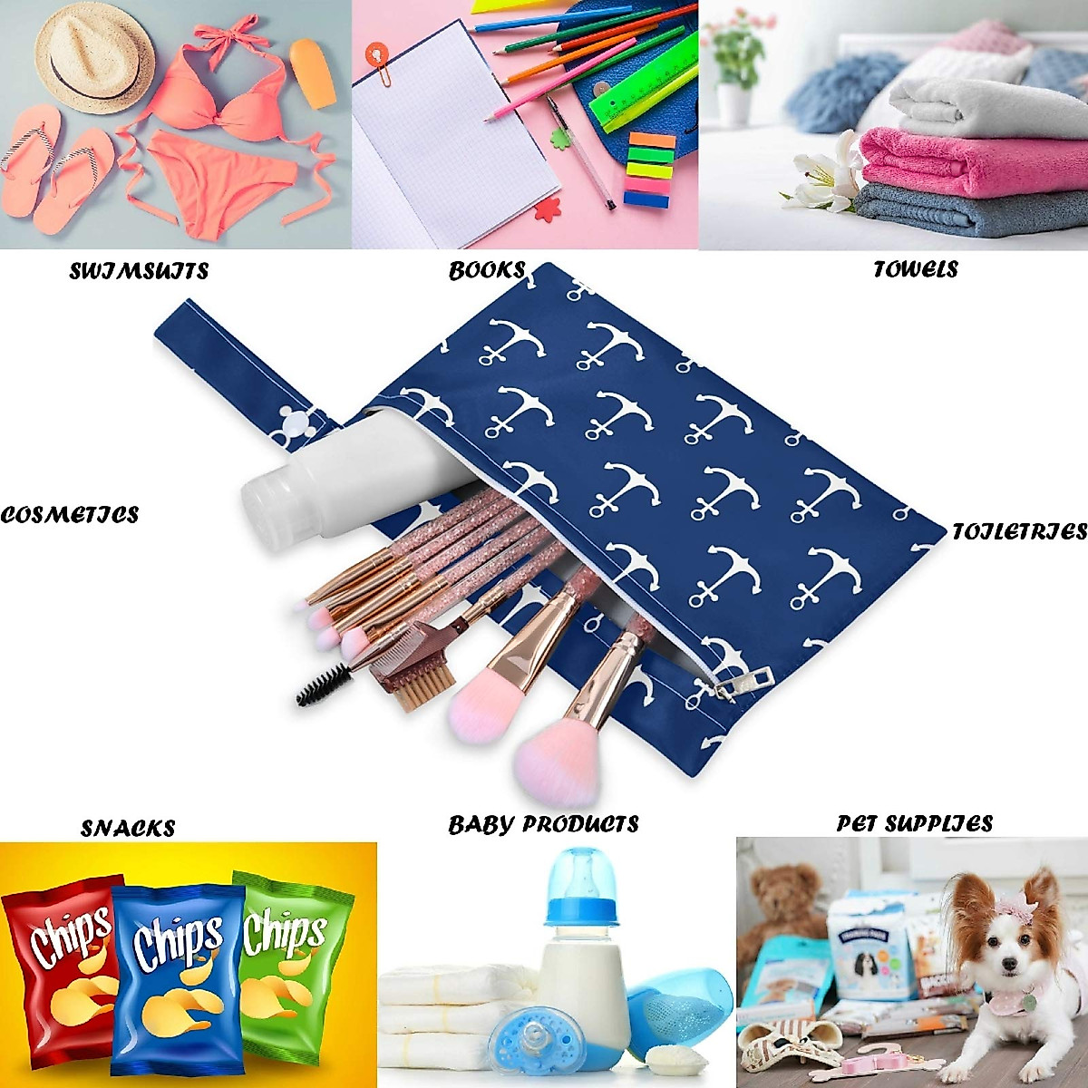 visesunny Classic Anchor Dark Blue 2Pcs Wet Bag with Zippered Pockets Washable Reusable Roomy for Travel,Beach,Pool,Daycare,Stroller,Diapers,Dirty Gym Clothes, Wet Swimsuits, Toiletries