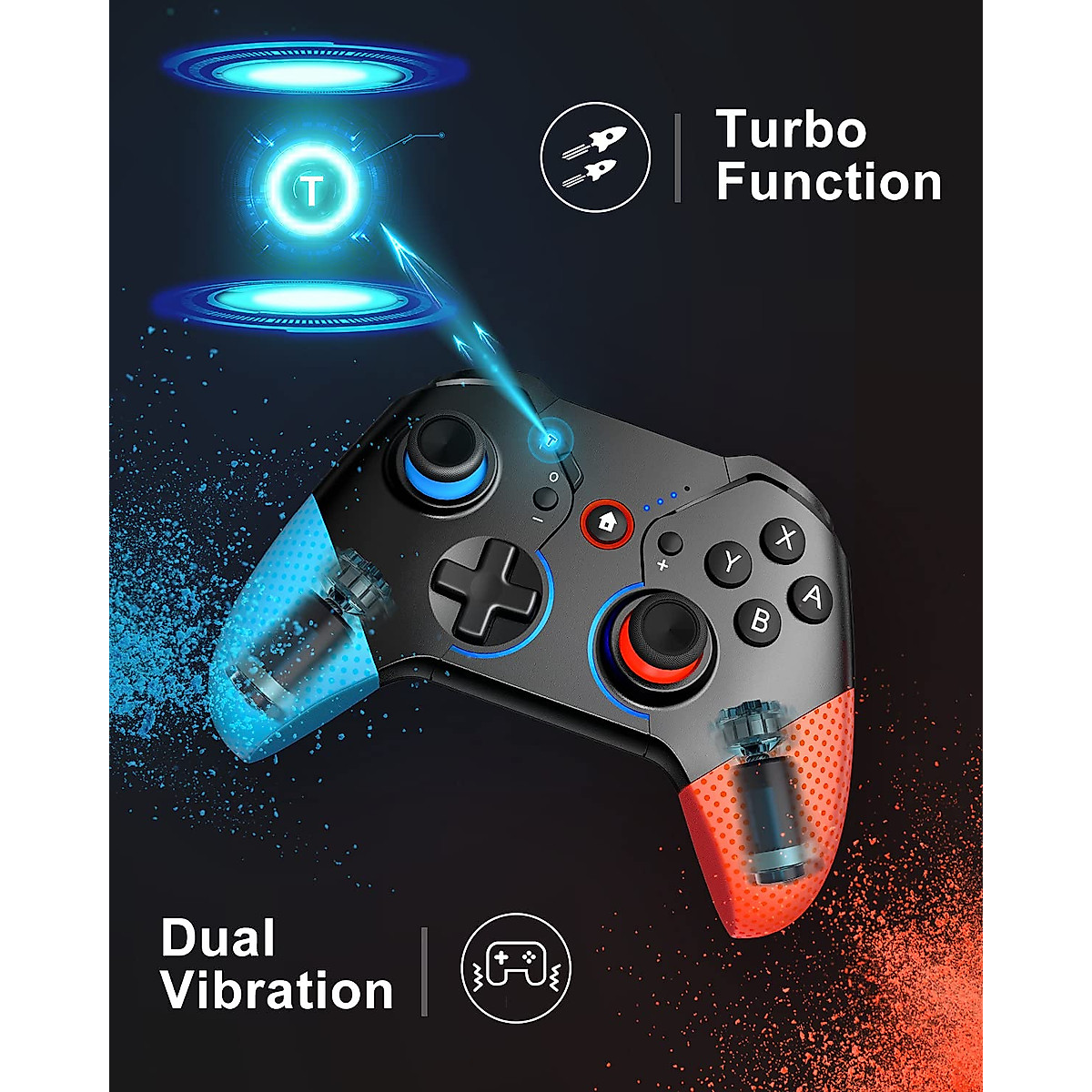 Switch Controller for Nintendo with Wake Up, Bluetooth Gamepad Remote Grip with Macro Motion Vibration Turbo RGB Light, Wireless Pro Controller Joy Con Switch for Kids Gifts - Blue&Red