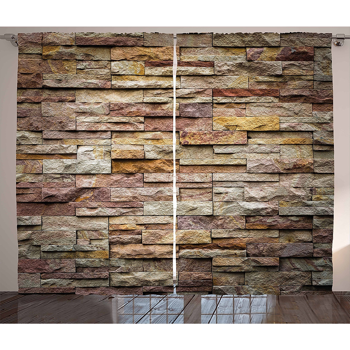 Ambesonne Marble Print Curtains, Urban Brick Slate Stone Wall Rocks Featured Facade Architecture Town Picture, Living Room Bedroom Window Drapes 2 Panel Set, 108" X 84", Light Brown