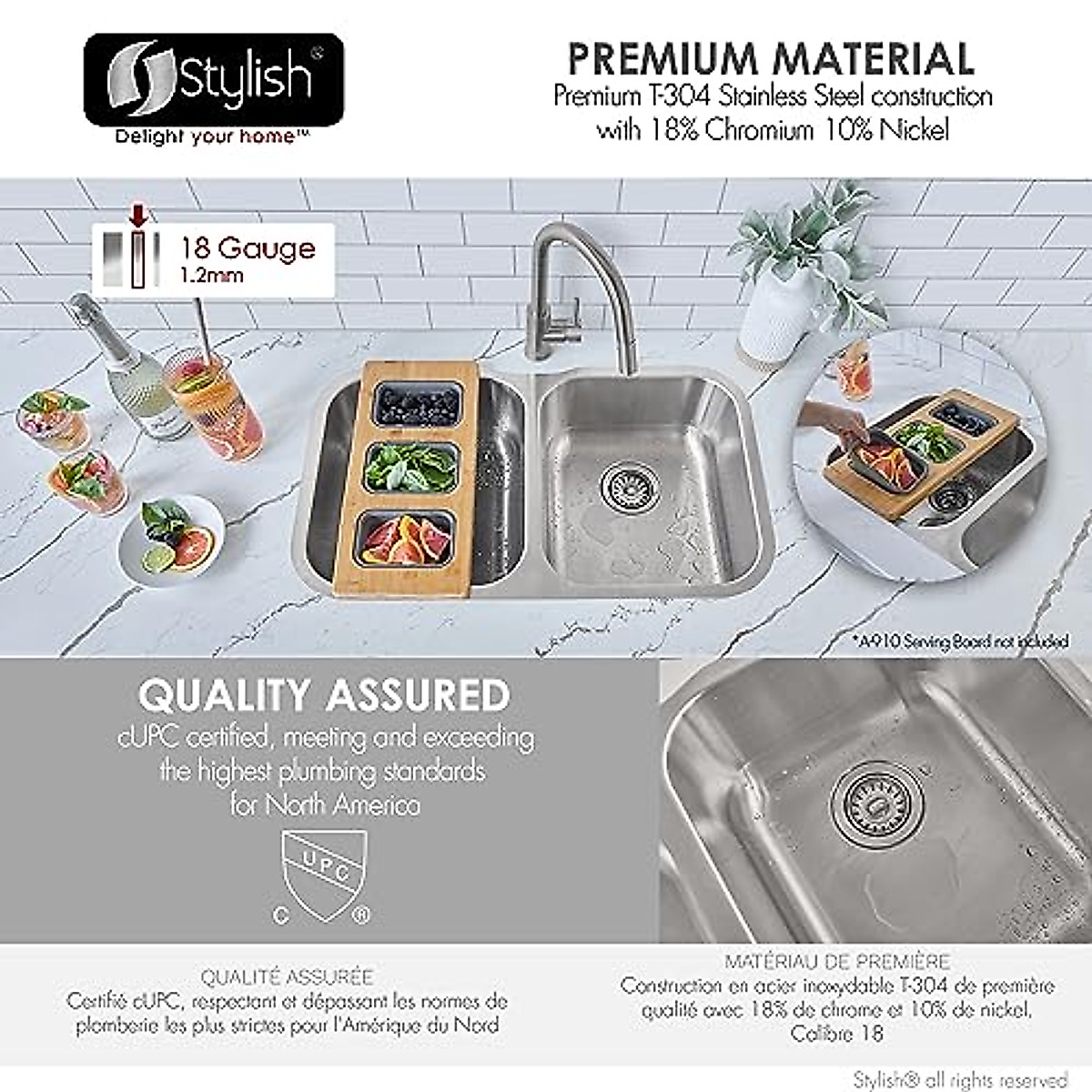 STYLISH 31 1/4 x 18 inch Drop-in or Undermount Stainless Steel Double Bowl Kitchen Sink with Standard Strainers, S-200T