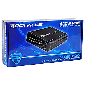 Rockville Atom P20 Marine/ATV/Car Bluetooth Amplifier 1600w Peak/440w RMS 4 Channel w/Volt Meter, Black
