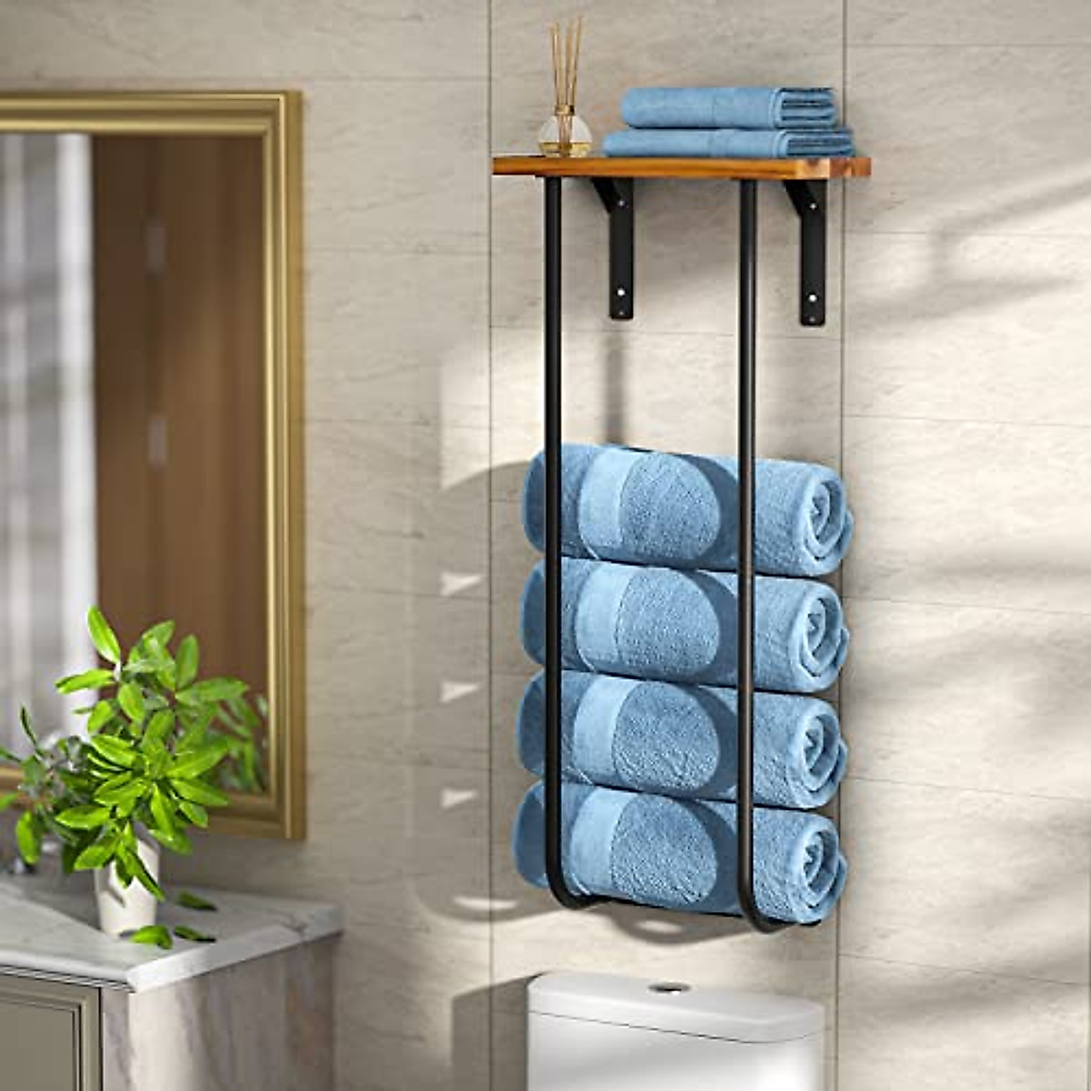 Towel Racks for Bathroom Wall Mounted, G.a HOMEFAVOR Towel Holder, Metal Towel Rack with Wooden Shelf for Small Bathroom Organizer Decor or RV Camper