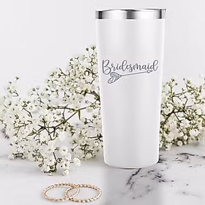 Your Dream Party Shop Bridesmaid Gift Wine Tumbler, 22oz - White Stainless Steel Cup with Straw and Lid, Perfect Bridesmaid Tumbler Proposal Gift