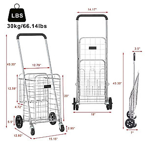 XYYSSM Iron 1100mm Telescopic Armrest 0.8mm 16# Round Tube 30kg Silver Foldable Shopping Cart, Shopping Cart with Dual Swivel Wheels for Groceries - Compact Folding Portable Cart Saves Space