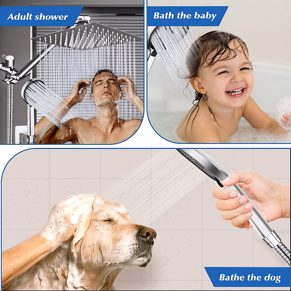 Shower Head, 8” Rain Shower Head with Handheld Spray High Pressure Rainfall with 5FT Hose, Flow Regulator, NozzleEasy to Clean Bathtub or Pets,Chrome