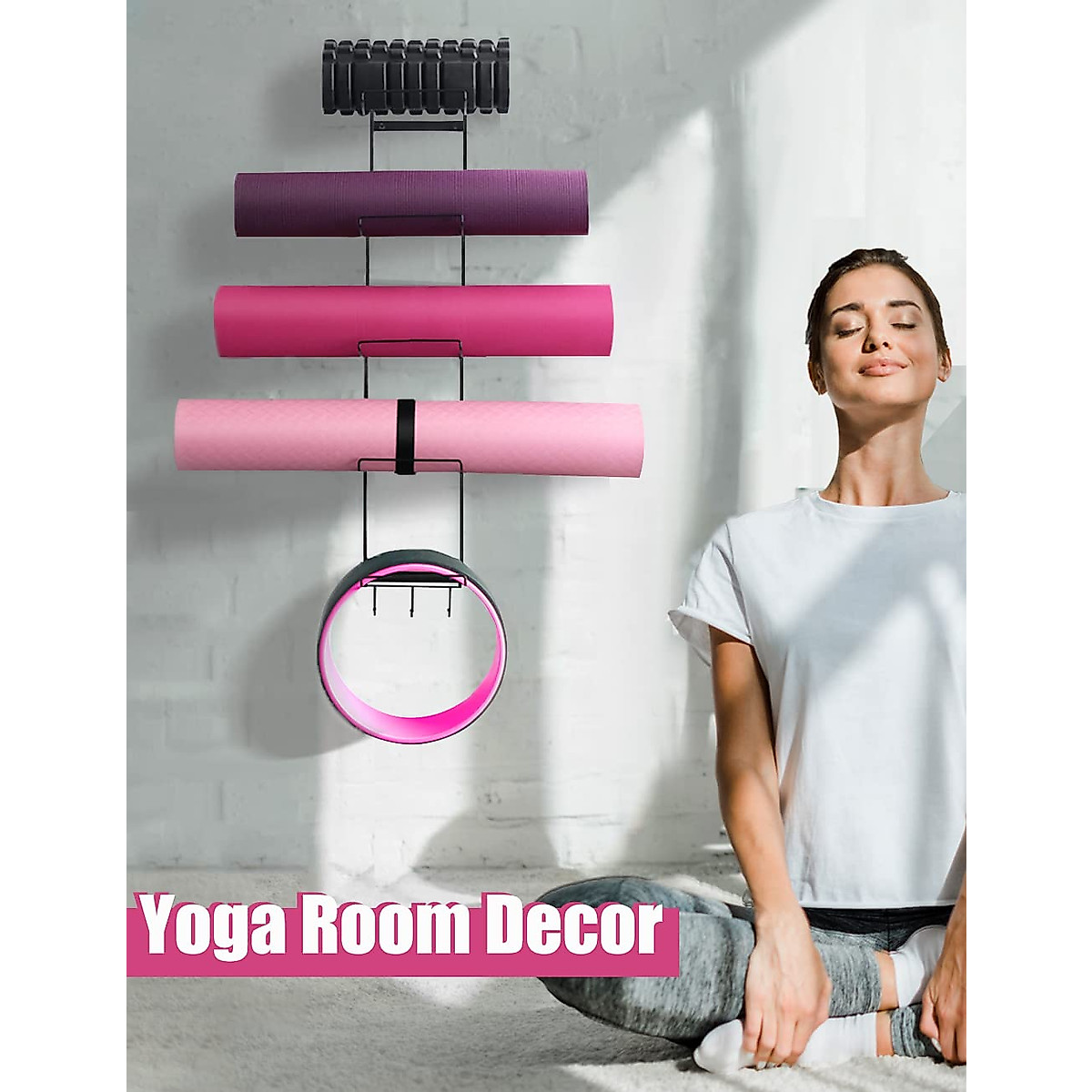 5-Tiers Yoga Mat Holder Wall Mount, Metal Storage Rack for Yoga Mat/Wheels, Foam Roller and Block, Wall Yoga Mat Rack with 3-Hooks for Hanging Stretching Strap, Resistance Bands, Yoga Accessories