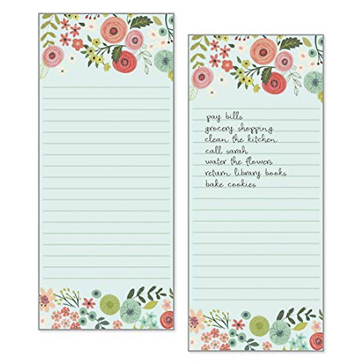 Set of 2- Teal/Coral Flowers List Pad, Notepad, Shopping List with Attachable Magnet