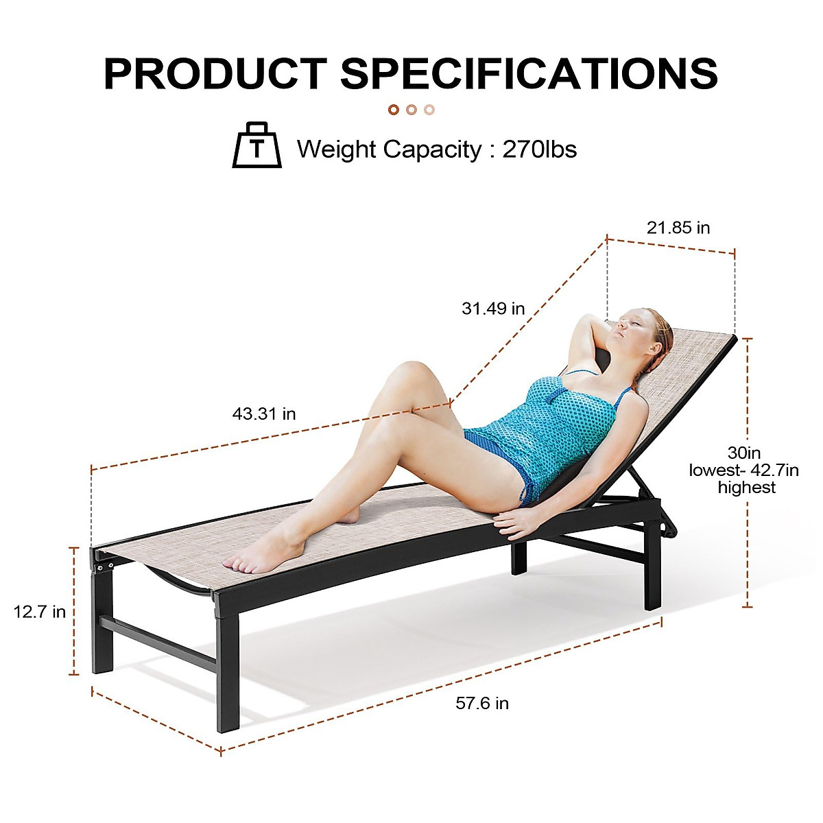 Crestlive Products Chaise Lounge Chair Outdoor Set of 2, Adjustable 5 Positions Pool Tanning Recliner, Outdoor Lounge Furniture Tanning Recliner, All Weather for Patio, Beach, Yard, Pool