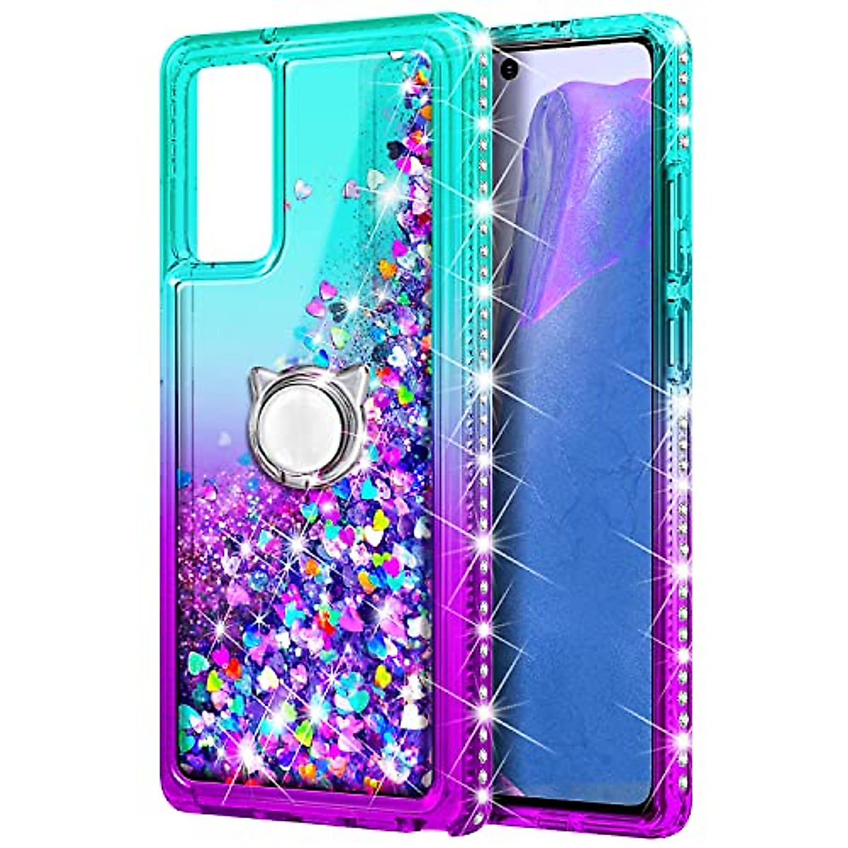 NZND Compatible with Samsung Galaxy A03S Case with Tempered Glass Screen Protector, Ring Holder/Wrist Strap, Glitter Liquid Floating Waterfall Durable Girls Women Kids Cute Case (Aqua/Purple)