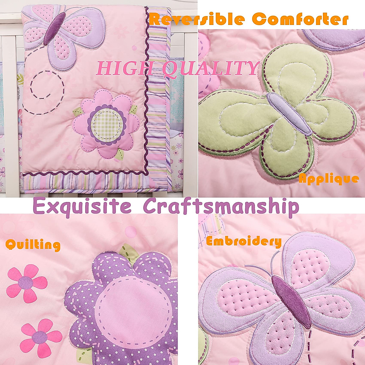 Brandream Crib Bedding Sets for Girls with Purple Butterfly | Baby Comforter, Fitted Sheet, Dust Ruffle and Diaper Stacker, Ambroidered Floral Animal Pink, 4 Pieces