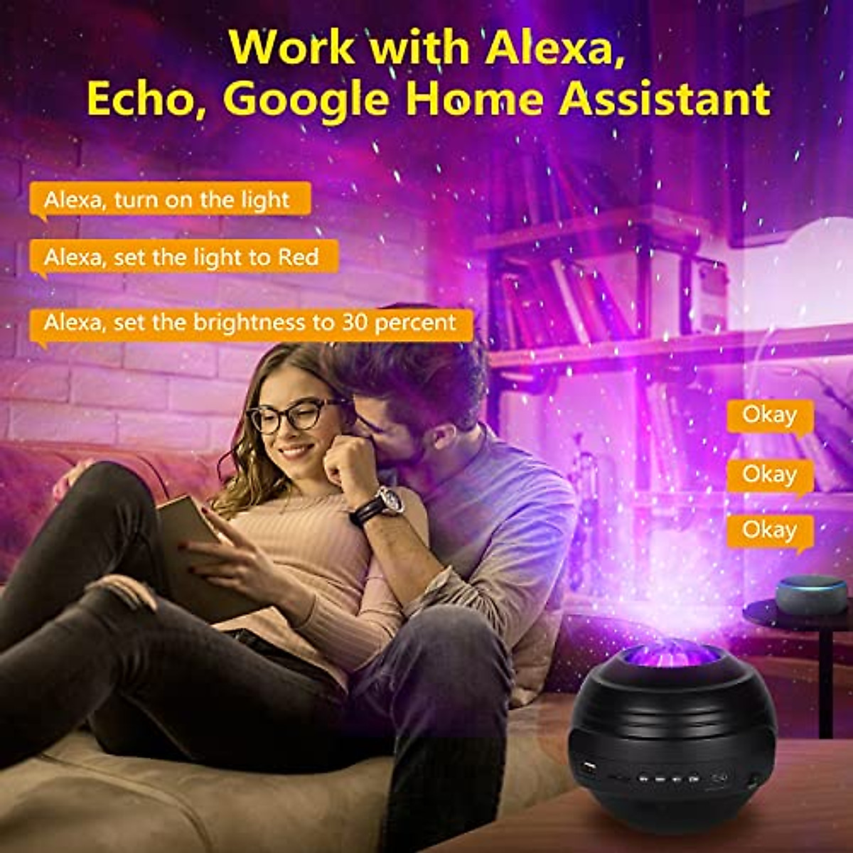 Galaxy Projector Star Projector, Night Light Projector Work with Alexa/Echo/Google, with Timer/Remote/Bluetooth Speaker for Kids Adults Gaming Room, Home Theater, Bedroom, Room Decor