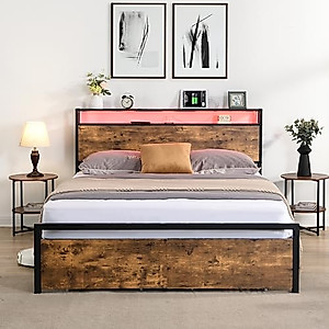 BACSWIHOM Queen Size Bed Frame with Storage Headboard and 2 Drawers, LED Lights Bed with Charging Station, Metal Platform No Noise, Mattress Foundation Strong Metal Slats Support No Box Spring Needed