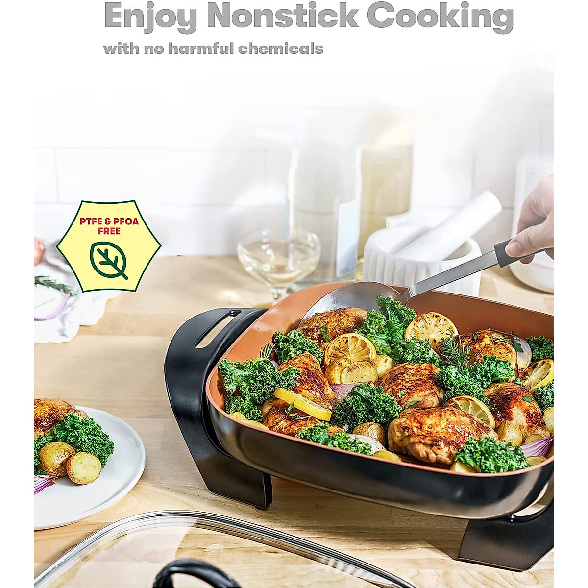 Electric Skillet Nonstick with Lid - 12"x12" Deep Frying Pan, Serves 4 to 6 People, Cool Touch Handles, Removable Heating Probe, Dishwasher Safe, Copper