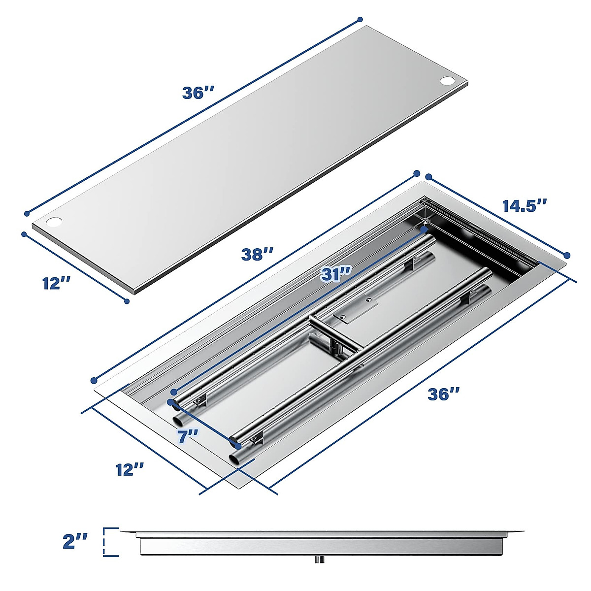 Skyflame Rectangular Stainless Steel Drop-in Fire Pit Pan and Burner with Burner Cover, Include 42" X 18" Fire Pit Glass Wind Guard