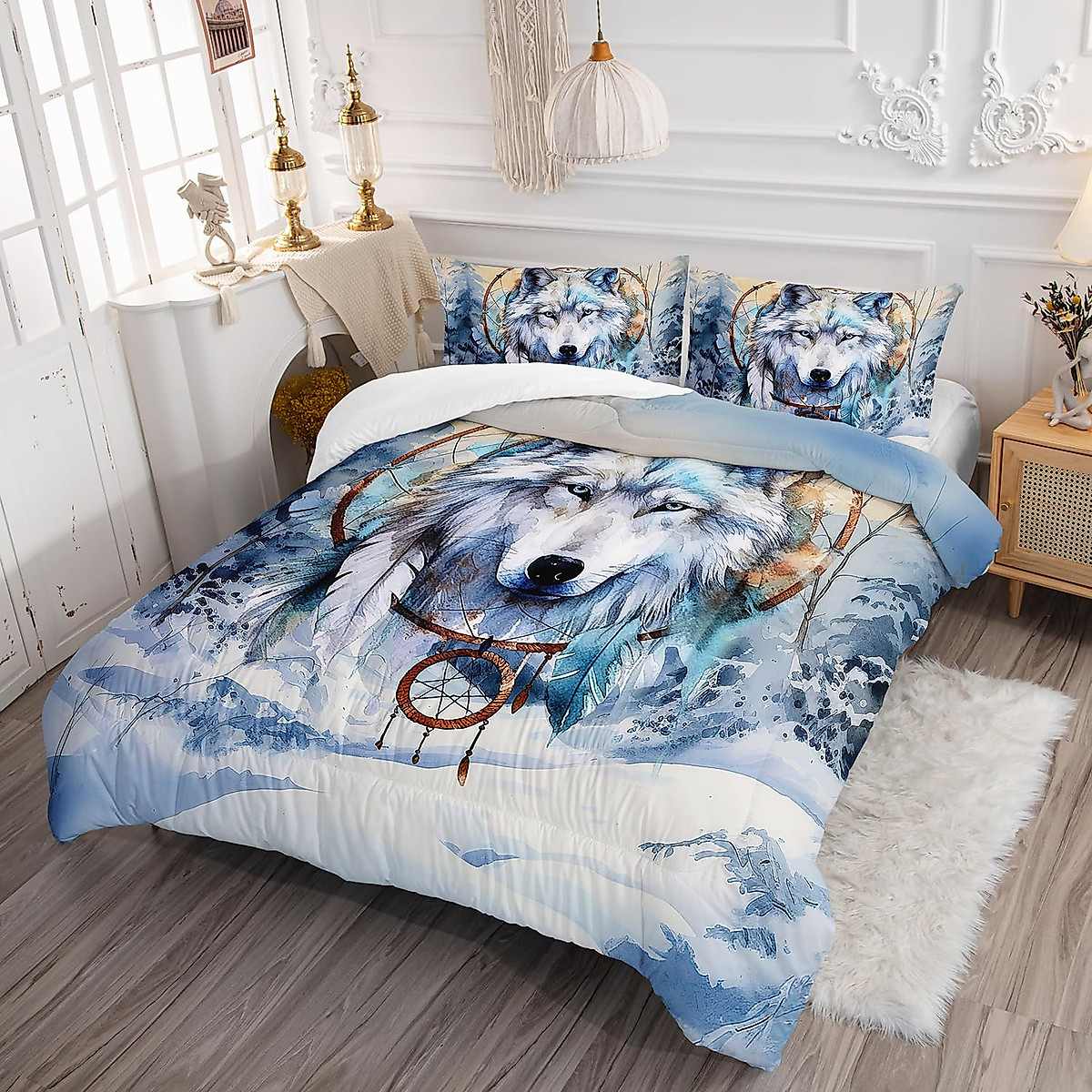 AILONEN Wolf Comforter Set - Full Size, Snow Wolf Bedding Set, Dream Catcher Comforter, Wild Animal Duvet - 3 Pieces, 1 Quilt and 2 Pillowcases