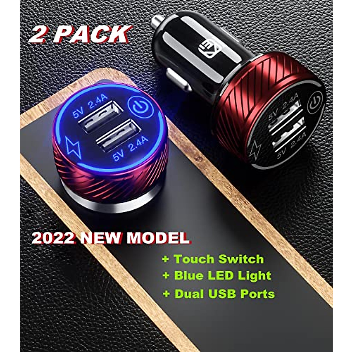 【2Pack】 USB Car Charger, Dual USB Port Car Charger Adapter, 5V/4.8A Charge Car Phone Charger with Blue LED & Touch Switch Fit for iPhone 13/12 Pro/Max/8, Galaxy S21/20/10/9 (Red)