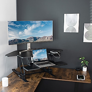 VIVO Black Electric Corner Height Adjustable 43 inch Cubicle Standing Desk Converter, Quick Sit to Stand Tabletop Dual Monitor Riser, DESK-V000VCE
