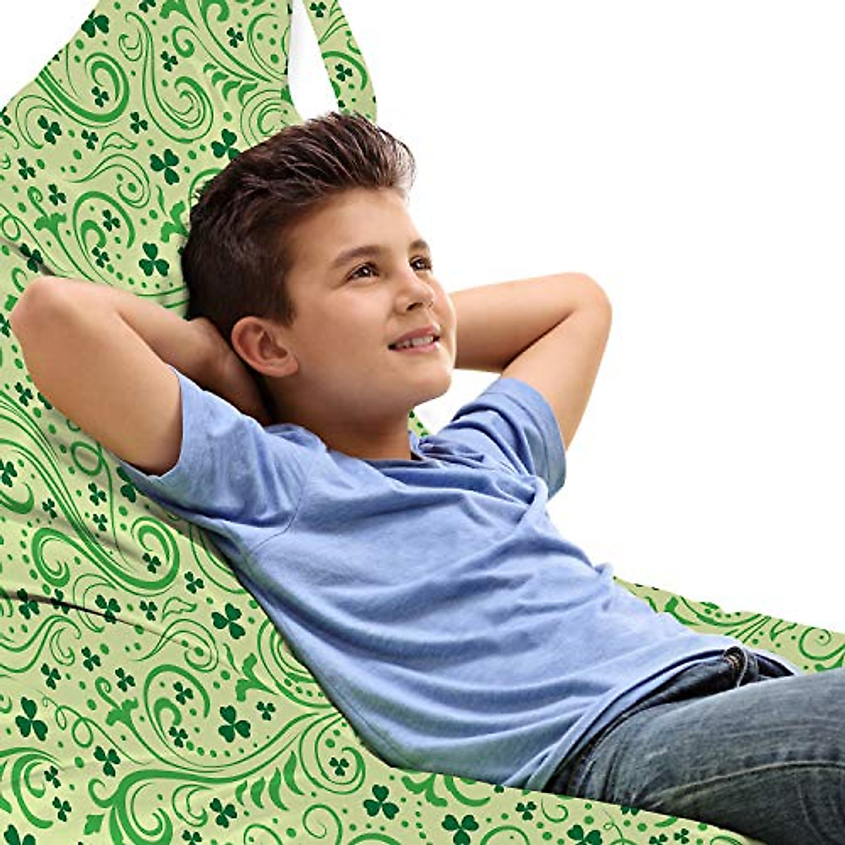 Lunarable Shamrock Lounger Chair Bag, Swirls and Leaves Pattern Classical St Patrick's Day Arrangement, High Capacity Storage with Handle Container, Lounger Size, Pale Green Emerald Green