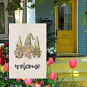 Spring Welcome Gnomes Garden Flag Burlap Summer Outdoor Decorations Double Sided Vertical Farmhouse Flags Yard Decor 12.5 x 18 Inch