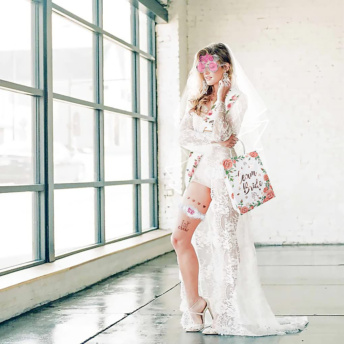 MOVINPE Bachelorette Party Accessories, Bride to Be Sash, Veil, Sunglasses, Rhinestone Earrings, Kraft Gift Bags, Team Bride Hair Ties, Wedding Garter, Tattoos, Pink Bridal Shower Party Decorations