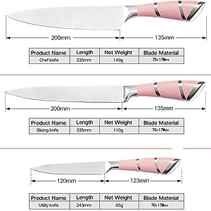 BFYLIN 3PCS Professional Chef Knife Set, Sharp Japanese Kitchen Knife, German High Carbon Stainless Steel 8 inch chef's knives, 8 inch slicing knife,5 inch Knife Utility Knife (3PCS-Pink)
