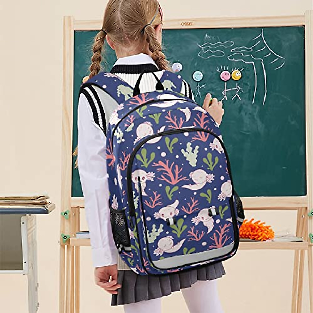 Glaphy Axolotl Fish with Corals Backpack Lightweight Laptop Backpack School Bag Student Travel Daypack with Reflective Stripes