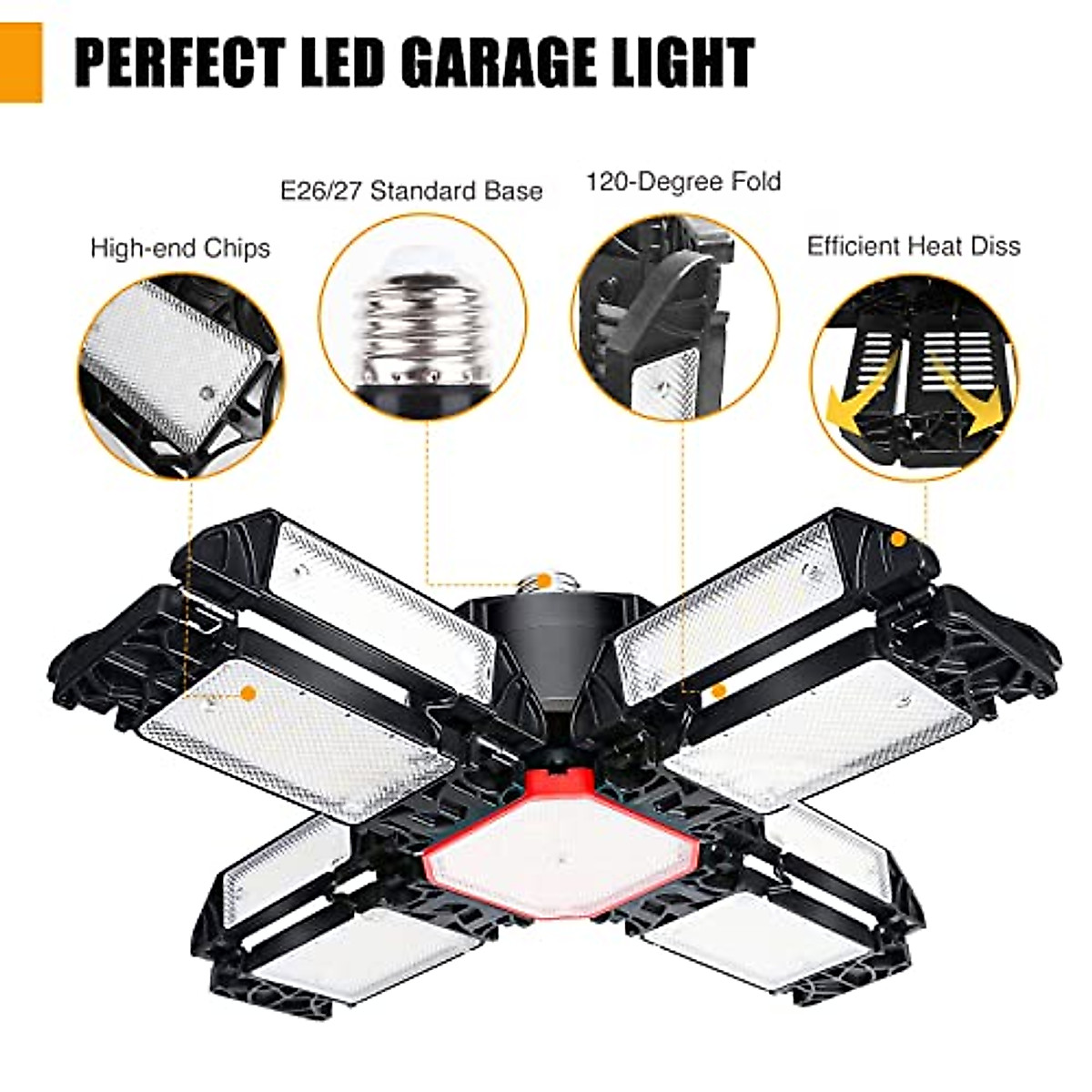 Led Garage Light 180W, 18000LM LED Garage Ceiling Lighting with E26/E27 Ceiling Shop Work Lamp, 6500K Deformable LED Shop Light with 12+1 Adjustable Panels Lights for Garage, Workshop, Attic, Basement