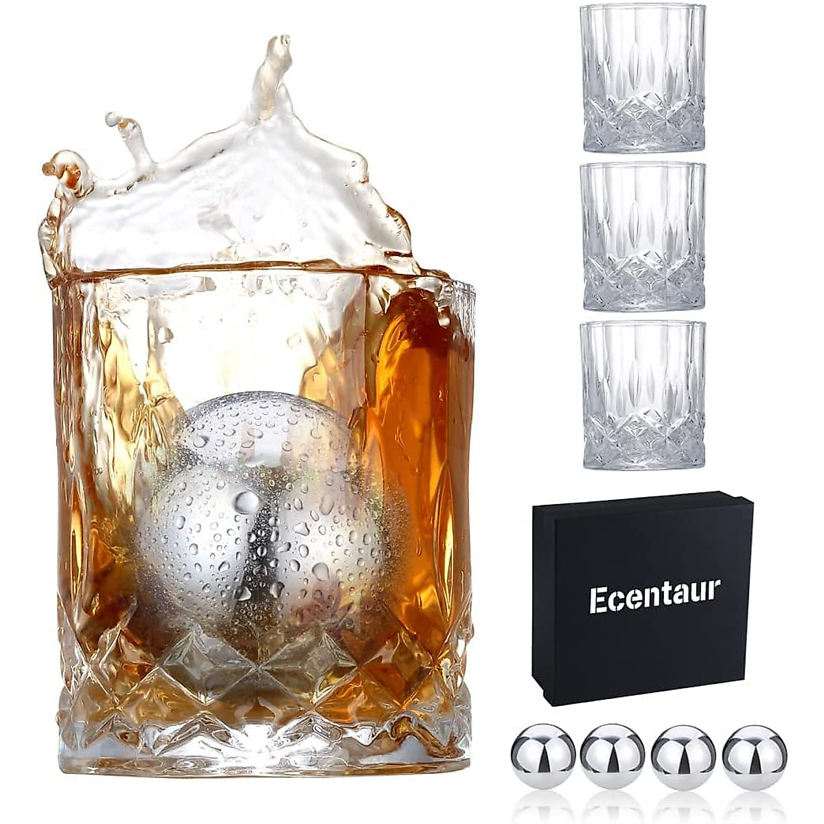 Whiskey Stones Gift Set Old Fashioned Whiskey Glasses Set of 4 with Stainless Steel Ice Cube