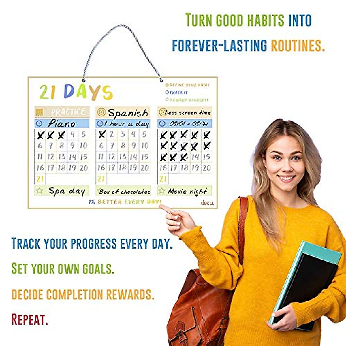 21 Days - Dry-Erase Habit Tracker to Build Good Habits and Routines - Hanging Chart