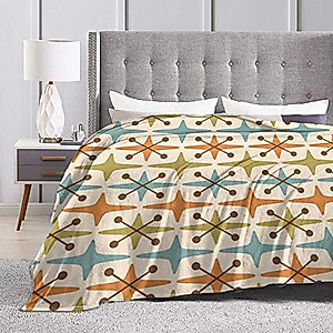 Flannel Plush Modern Throw Blanket, Olive Mid Century Modern Abstract Star Space Age Pattern Throw for Better Sleep Living Room, Air Conditioning Blanket and Quality Wrinkle-Resistant 60" x 50"