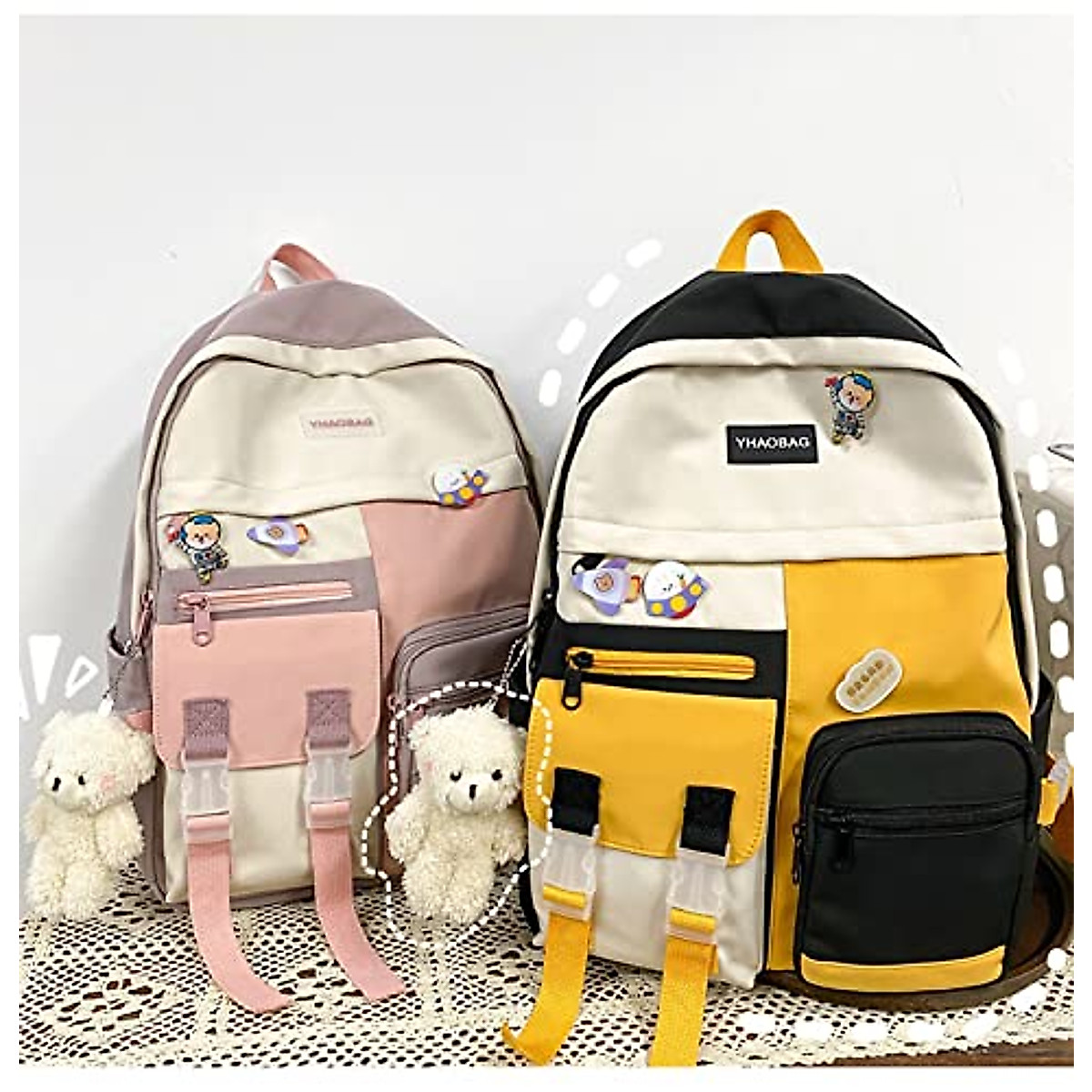 Moaneji 16" Cute Soft Canvas Hiking Backpack with Pins Aesthetic Back Pack Fashion Daypack with Hanging Bear Fancy Travel Shoulder Backpack Lightweight Travel Bag (Yellow And Blue)
