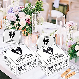 32 Pieces Groomsmen Proposal Box Set of 8 Groomsmen Box 8x8x4 inch With 8 Will You Be My Groomsman Labels and 8 Cards 8 Bartender Wooden Bottle Opener Beer Wine Cap Opener（7 Groomsmen, 1 Best Men ）