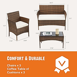 Sweetcrispy Patio Furniture Set 4 Pieces, Outdoor Furniture with Soft Cushion and Glass Table, All Weather Manual Weaving Wicker Rattan Patio Chairs for Garden, Terrace, Porch, Lawn (Brown and Beige)