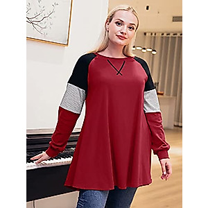 LARACE Plus Size Tops Women Pullover Sweatshirt Color Block Tee Long Sleeve Tunic Striped Raglan Shirt(Wine Red 4X)