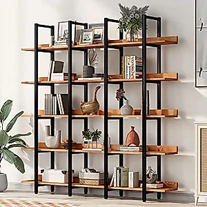 GNIXUU Triple Wide 5-Tier Bookshelf, Large Open Bookcase, Vintage Industrial Style Book Shelf Wood and Metal Etagere Bookshelves Display Shelves for Home Office Decor(Rustic Black+Brown)