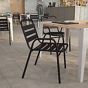 Flash Furniture Lila Commercial Restaurant Stack Chair with Triple Slat Back and Arms, Indoor-Outdoor Dining Chair, Black