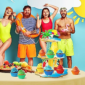 Summer Beach Party Cupcake Stand Decorations 3 Tier Pool Theme Cake Holder Luau Hawaiian Party Dessert Stand Tower for Kids Office Classroom Beach Birthday Party Baby Shower Wedding Party Supplies